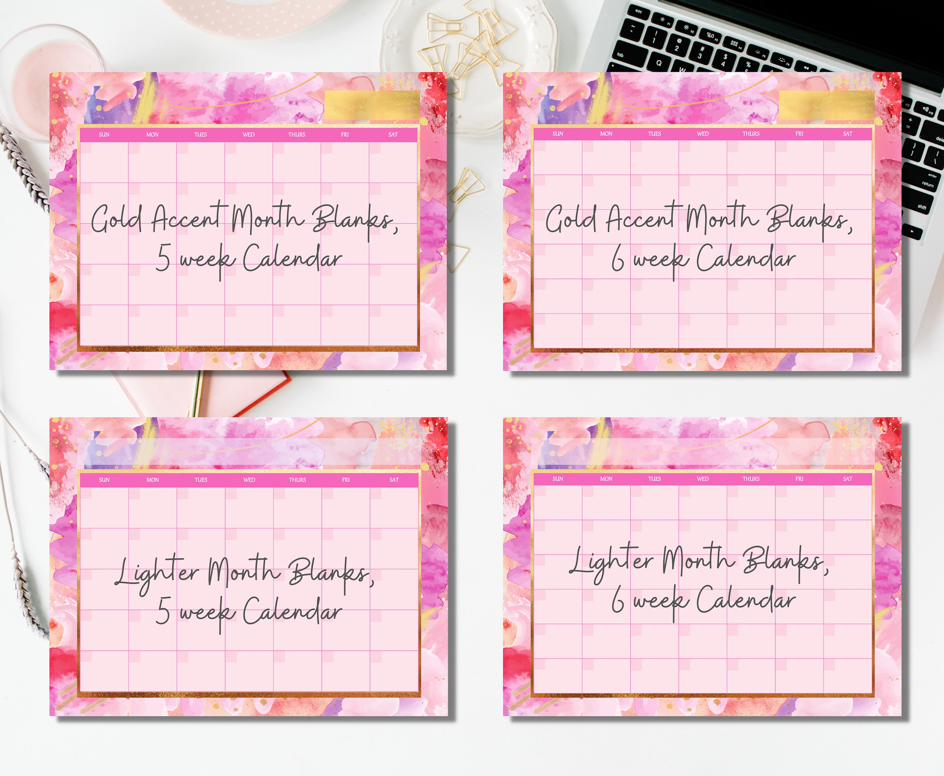 2022 Monthly Calendar, Pink Calendar, Watercolor Calendar, Blank ...