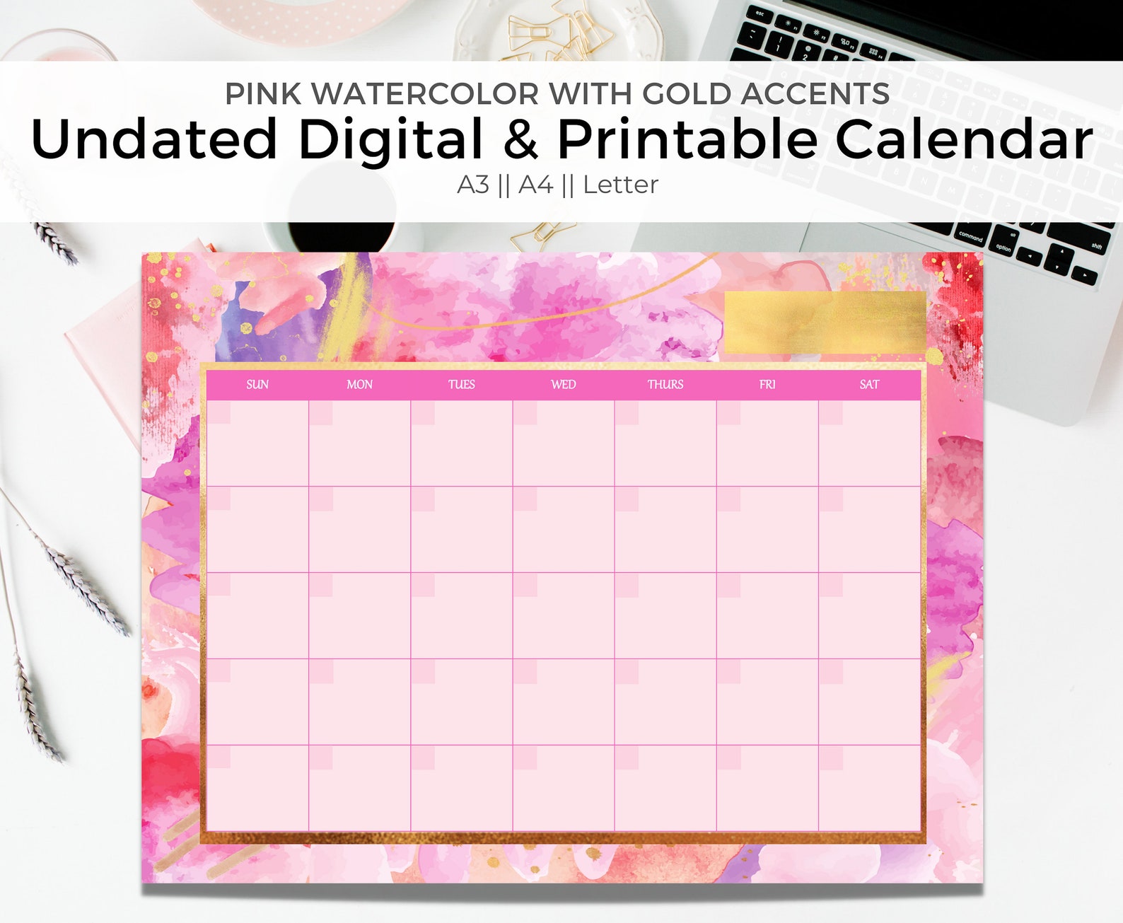 2022 Monthly Calendar, Pink Calendar, Watercolor Calendar, Blank ...
