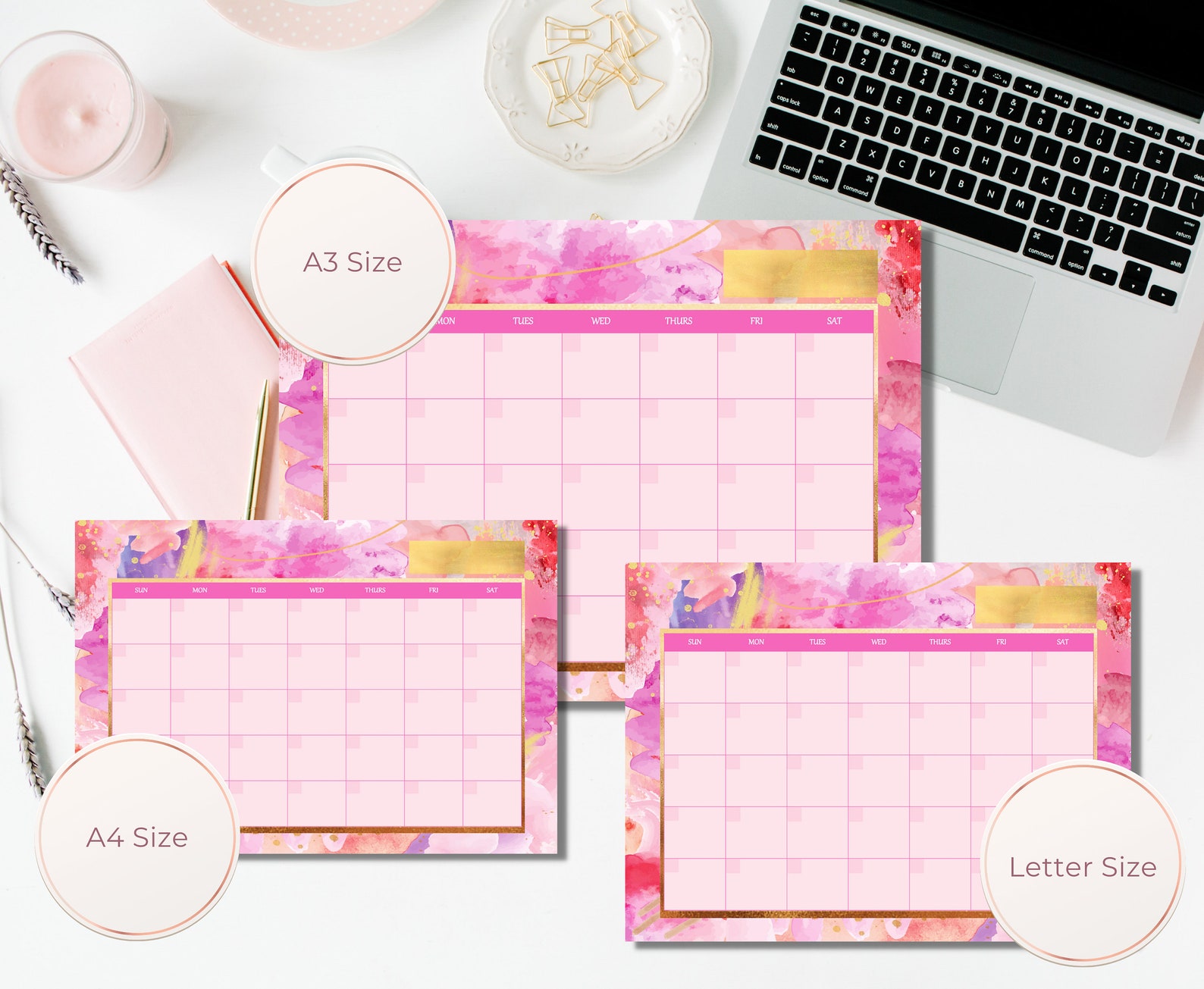 2022 Monthly Calendar, Pink Calendar, Watercolor Calendar, Blank ...