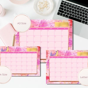 2022 Monthly Calendar, Pink Calendar, Watercolor Calendar, Blank ...