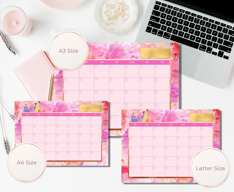 2022 Monthly Calendar, Pink Calendar, Watercolor Calendar, Blank ...