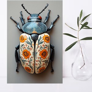 Floral Beetle Art Print Ornate Beetle Poster Vintage Folk Beetle Bugs ...