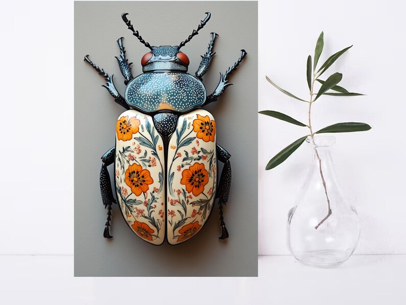 Floral Beetle Art Print Ornate Beetle Poster Vintage Folk Beetle Bugs ...