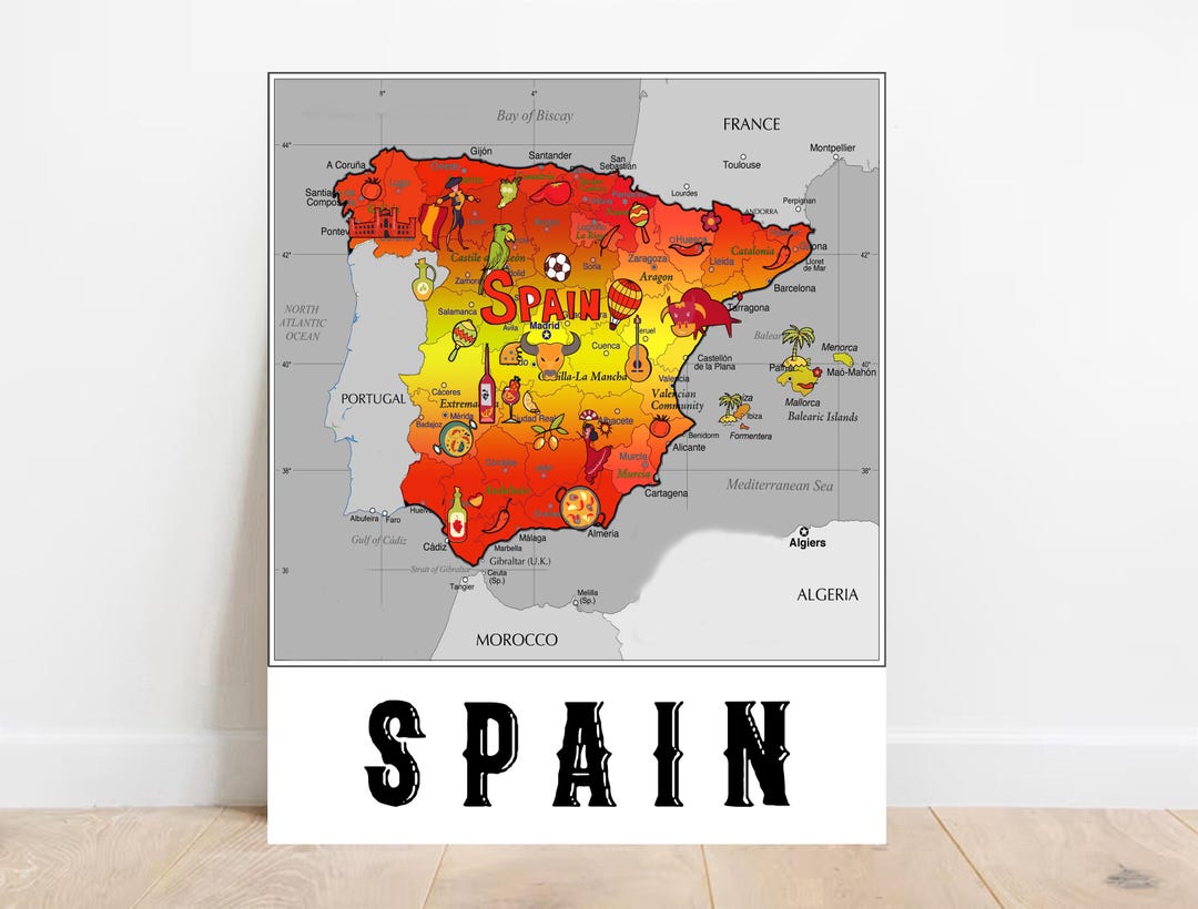 Spain Flag Map Print Illustrated Map of Spain Printable Nursery Decor ...