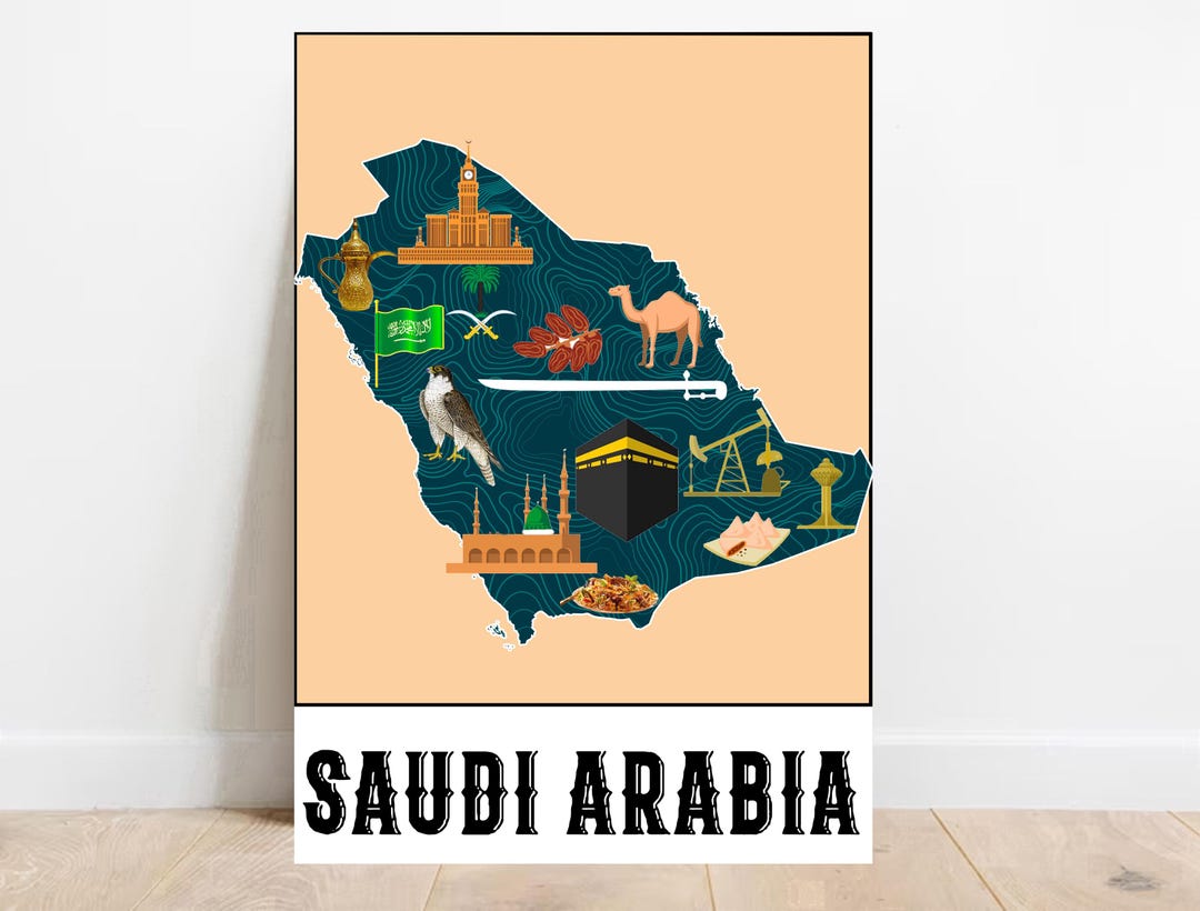 Blue Saudi Arabia Map Print Illustrated Map of Saudi Arabia Gifts Home ...