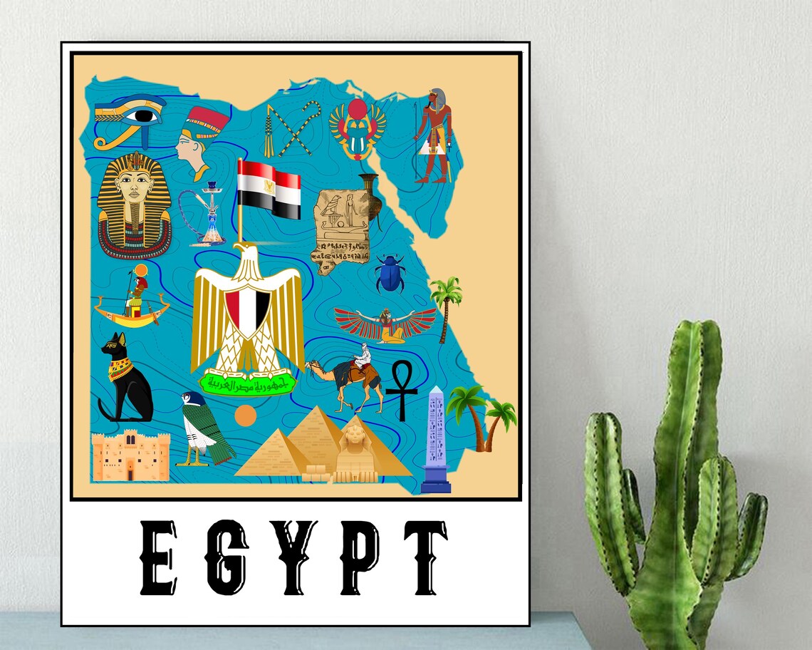 Blue Egypt Map Print Illustrated Map of Egypt Printable Download Modern ...