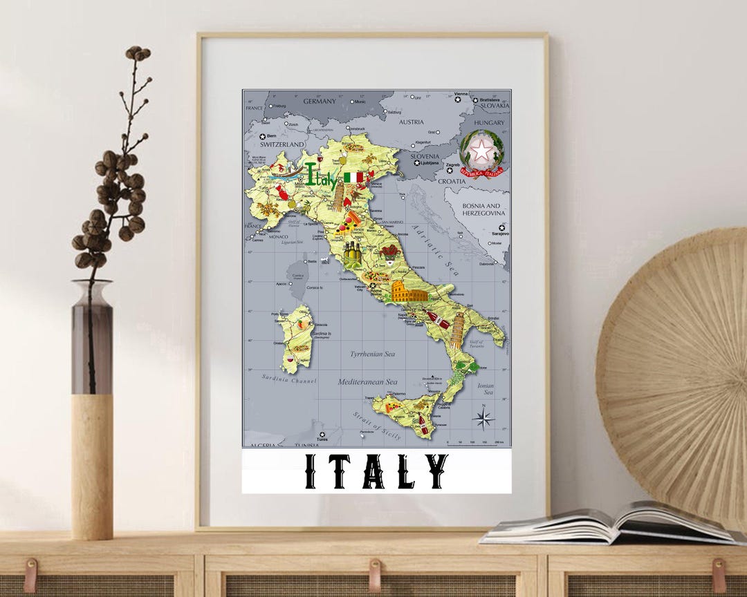 Italy Food Map Print Italy Flag Digital Map of Italy Food Poster Modern ...