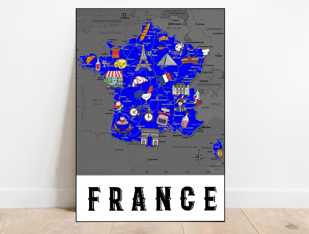 France Illustrated Map Print Blue France Map Poster Printable Map of ...