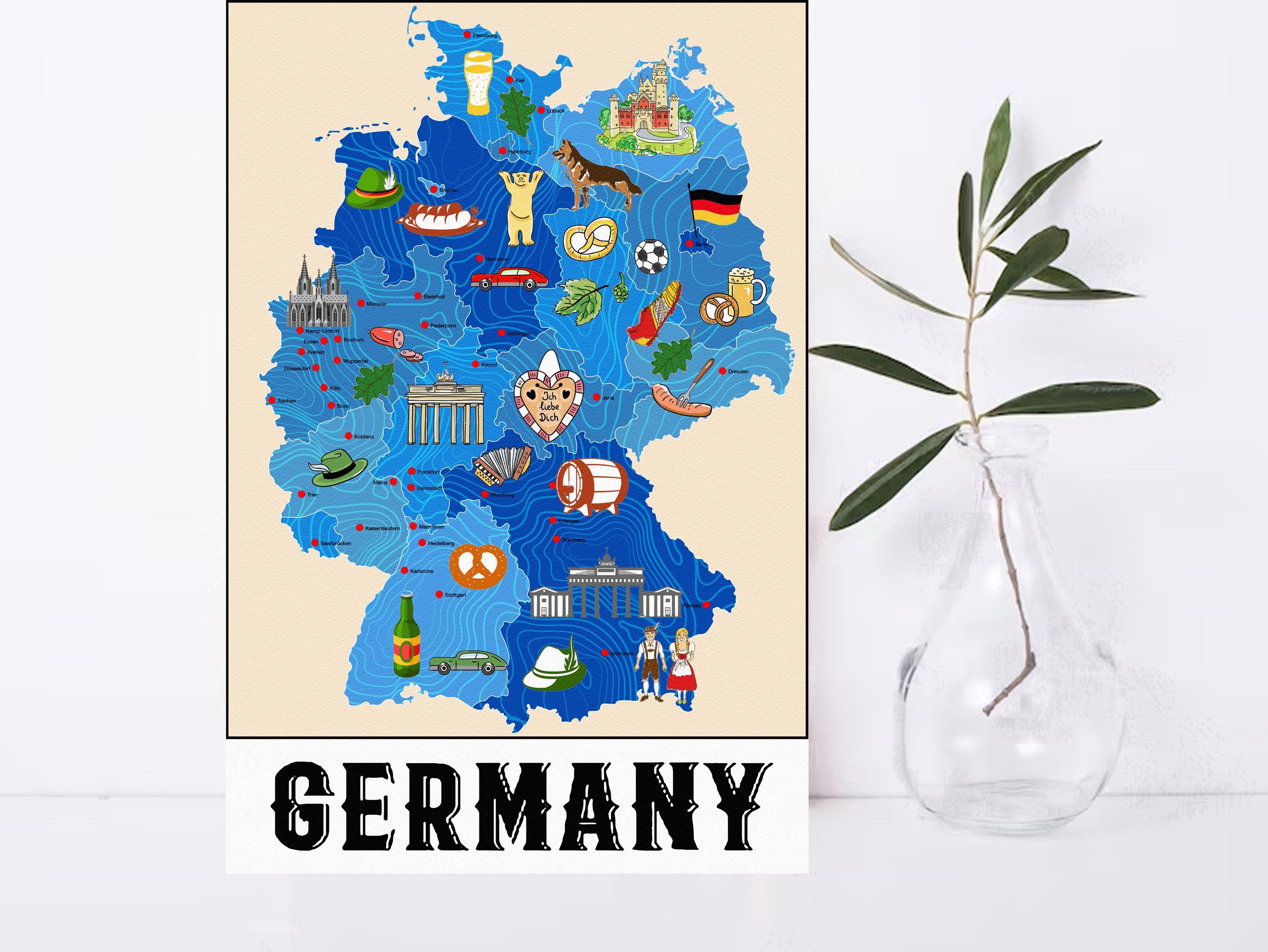 Blue Germany Map Poster Illustrated Deutschlandkarte Printable Germany ...