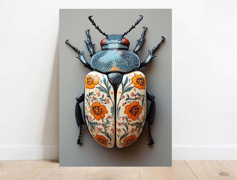 Floral Beetle Art Print Ornate Beetle Poster Vintage Folk Beetle Bugs ...