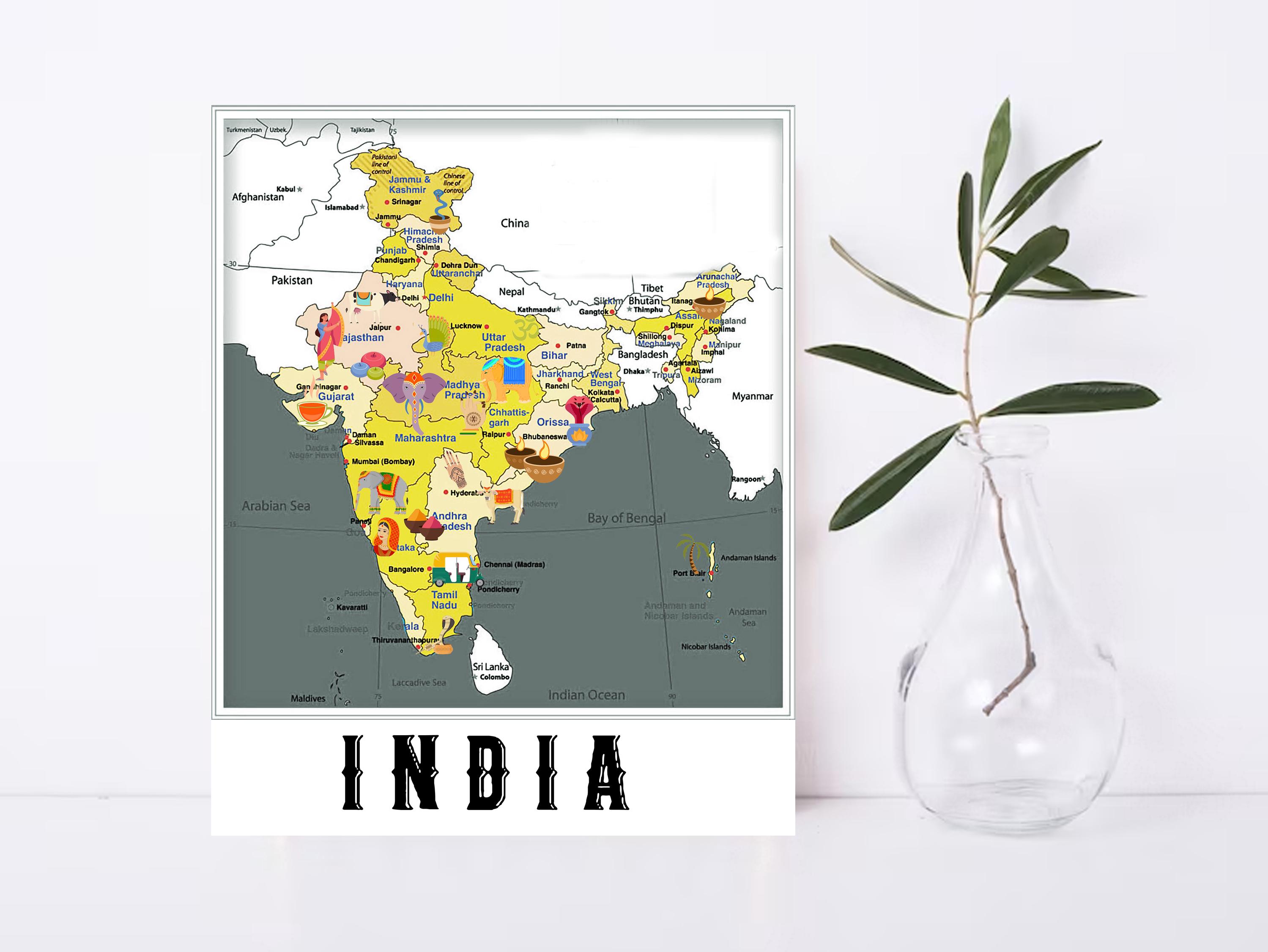 Illustrated India Map Print Digital Map of India Printable India Map ...