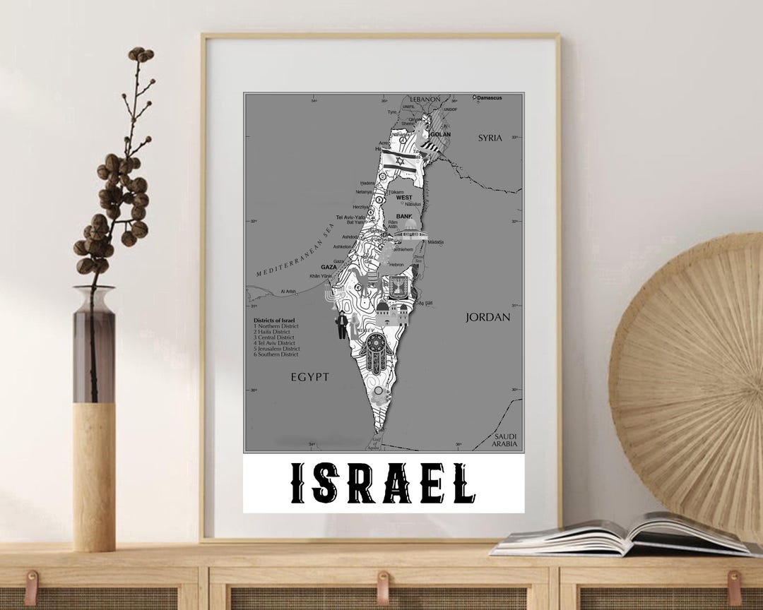 Black and White Israel Map Print Illustrated Map of Israel Print Israel Country Map Printable ...