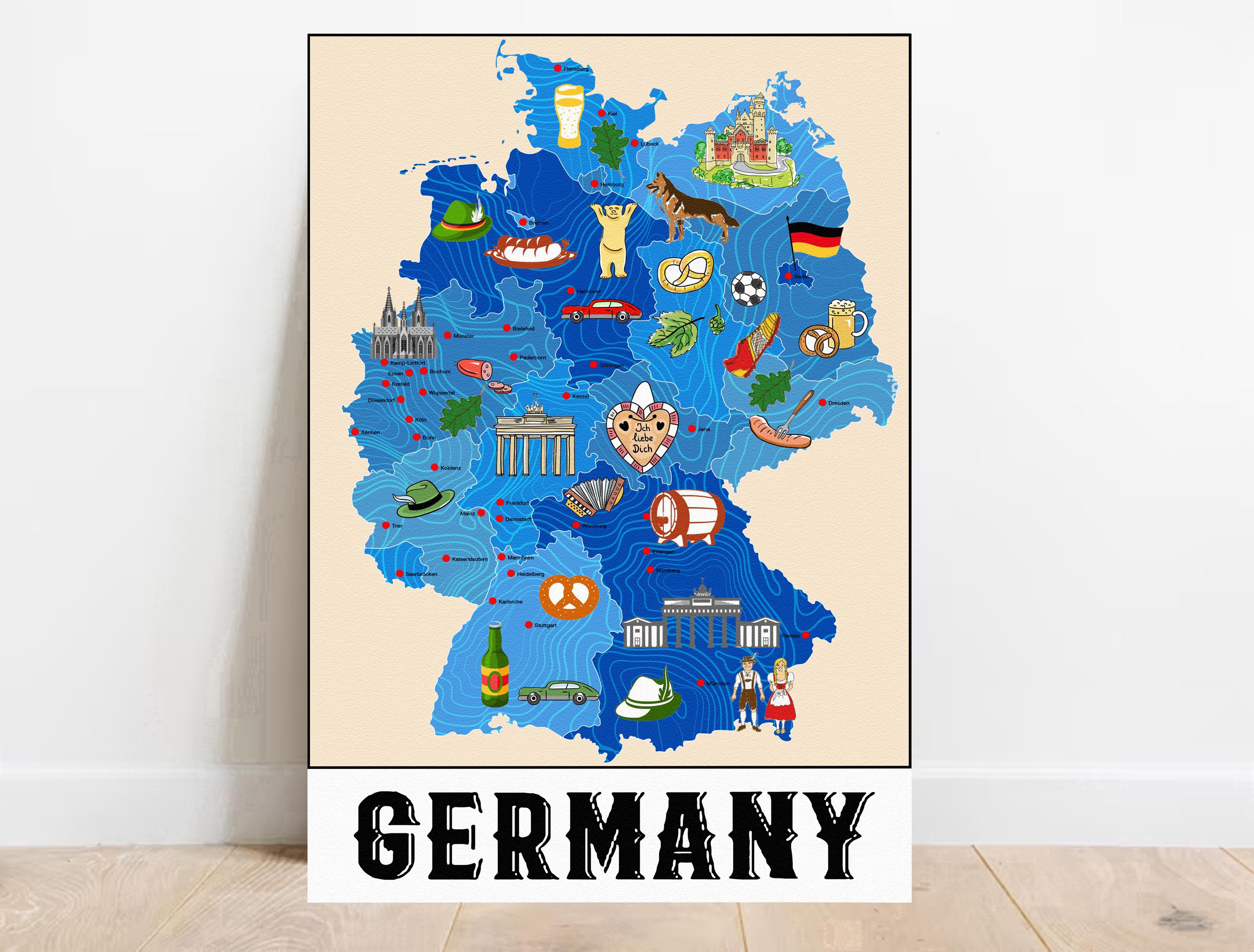 Blue Germany Map Poster Illustrated Deutschlandkarte Printable Germany ...