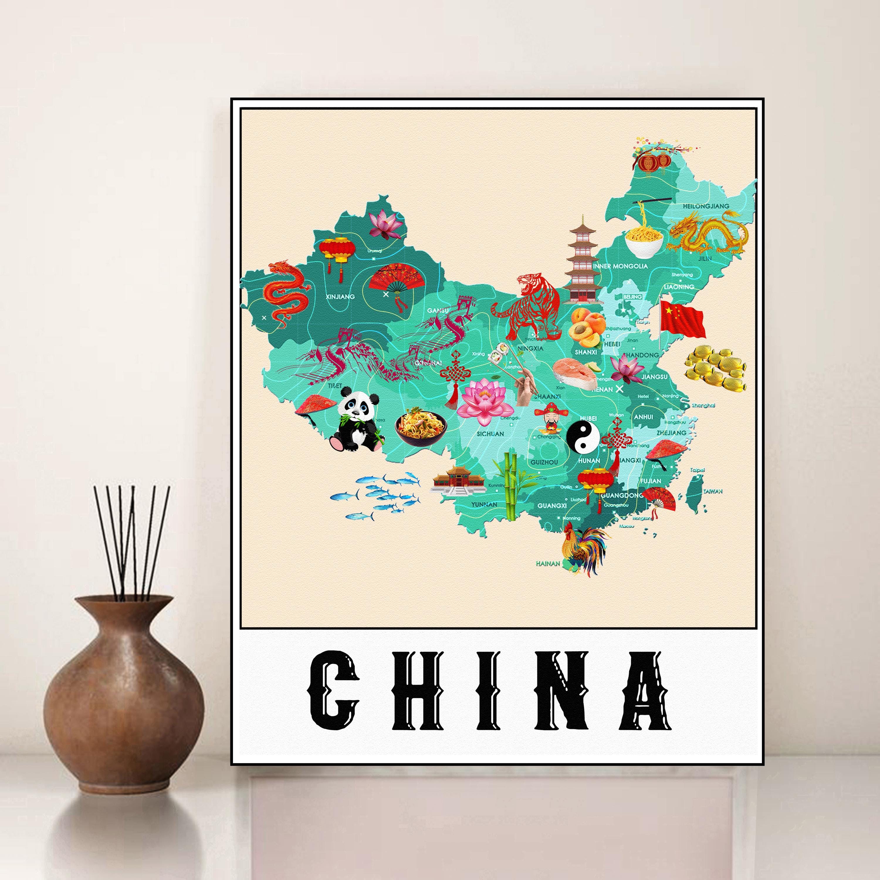 Blue China Map Print Illustrated Map of China Printable Chinese ...