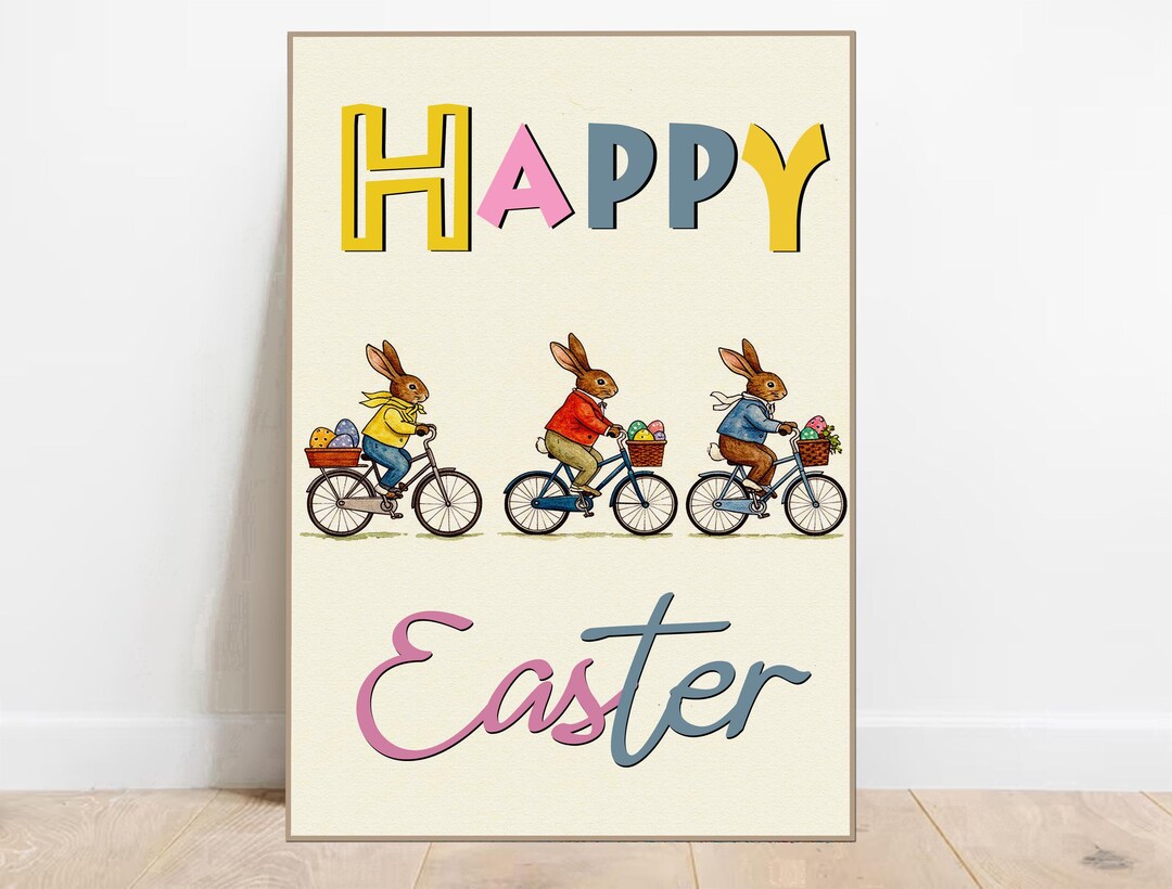 Happy Easter Sign Printable Easter Bunnies on Bikes Easter Cottagecore ...
