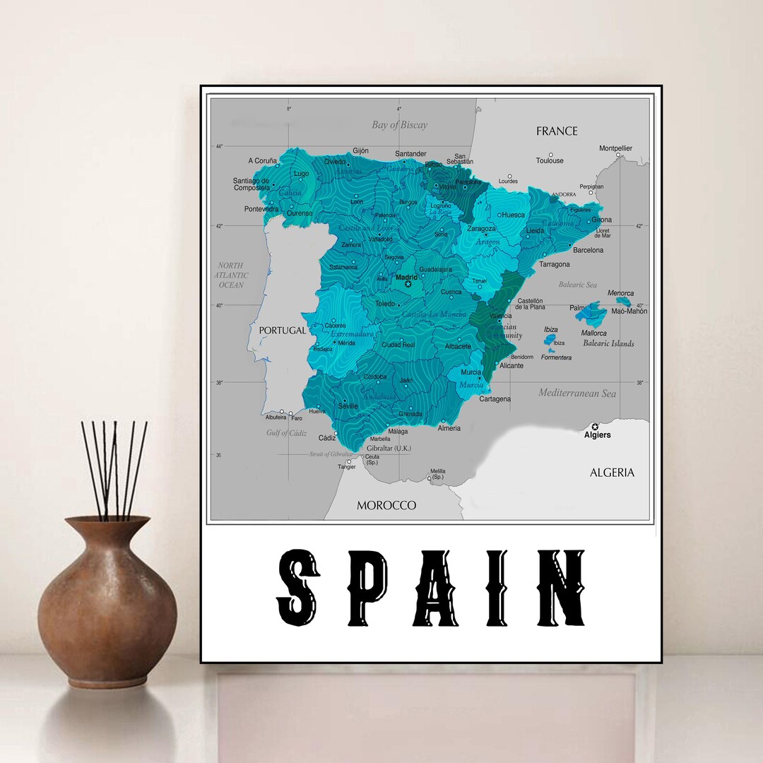 Blue Spain Map Print Map of Spain Topography Printable Nursery Decor ...