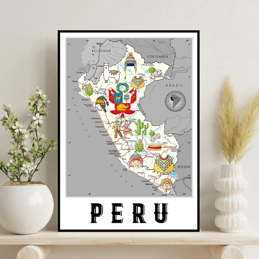 Peru Digital Map Print Peru Map Printable Art Map of Peru Gifts Modern ...