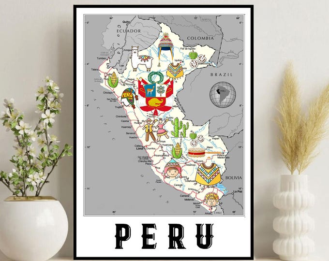 Peru Map, Peru 2D Relief Map, Peru Vintage Map, Peru Print, Peru ...