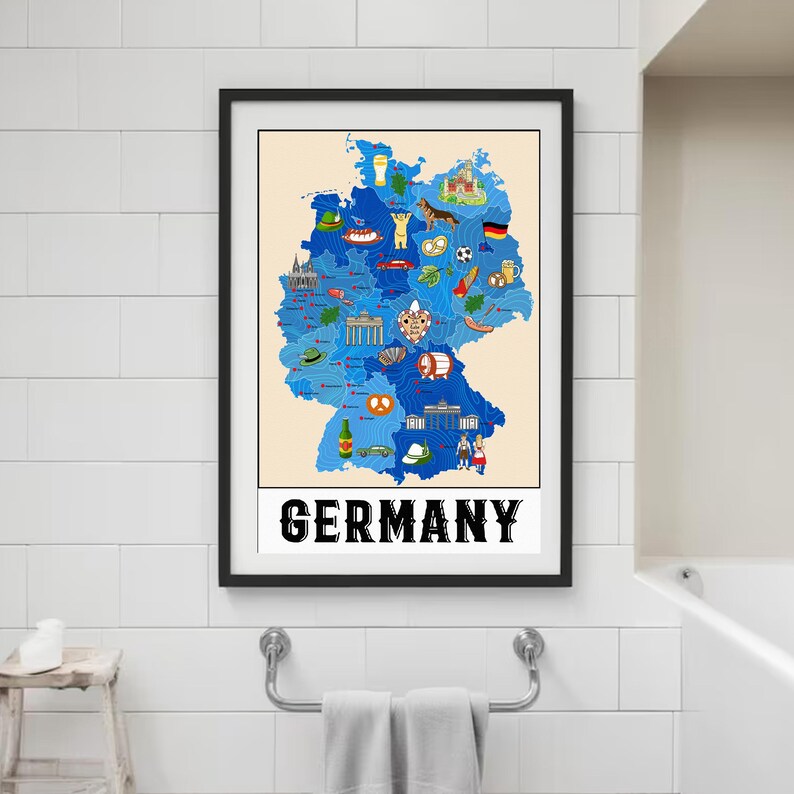 Blue Germany Map Poster Illustrated Deutschlandkarte Printable Germany ...
