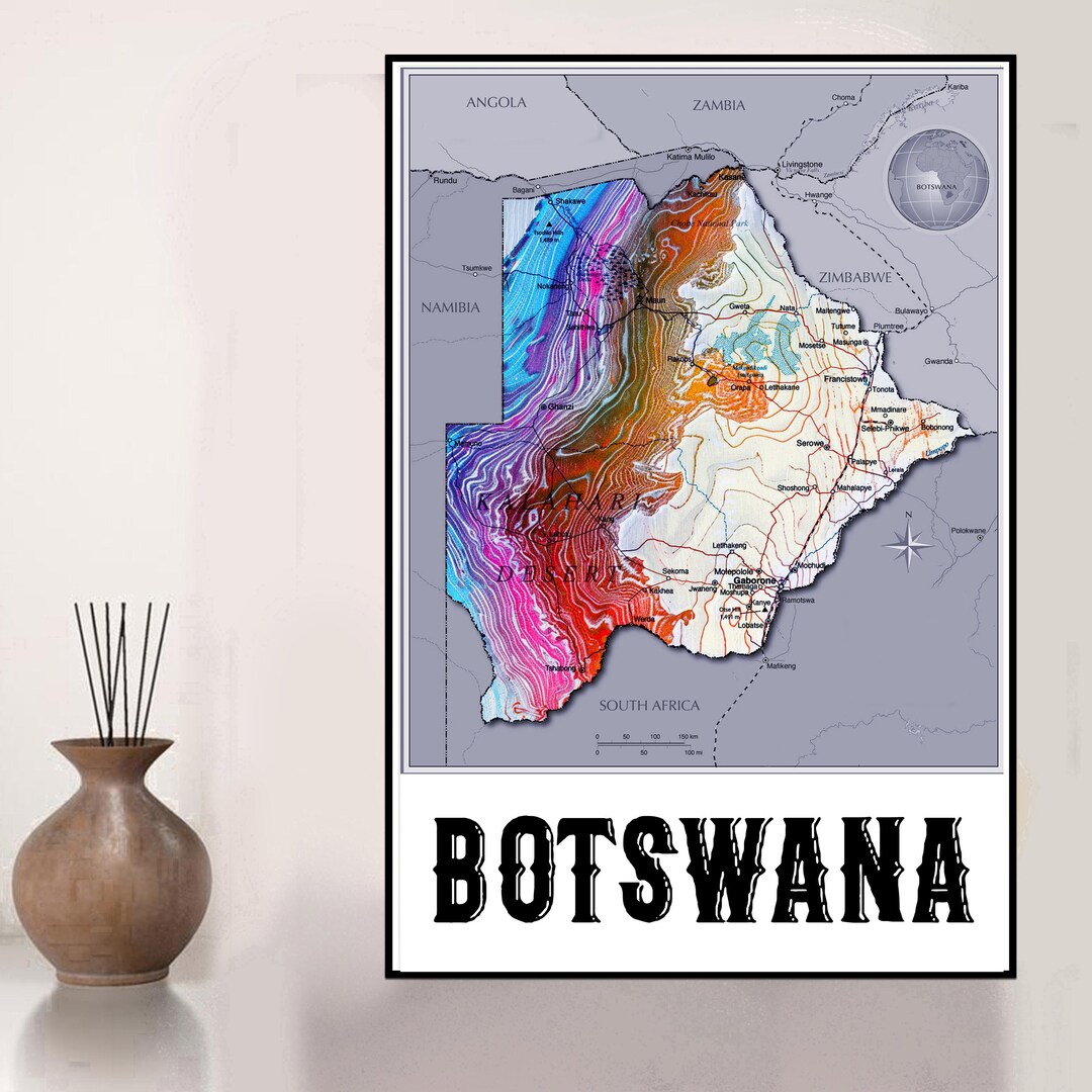 Botswana Topography Map Printable Map of Botswana Illustration Botswana Map Print Digital ...
