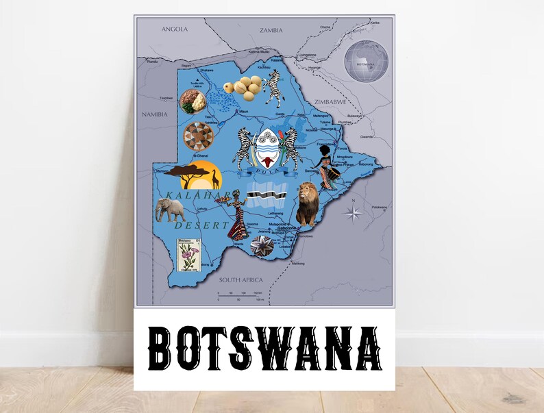 Botswana Flag Map Printable Map of Botswana Illustration Blue Botswana ...