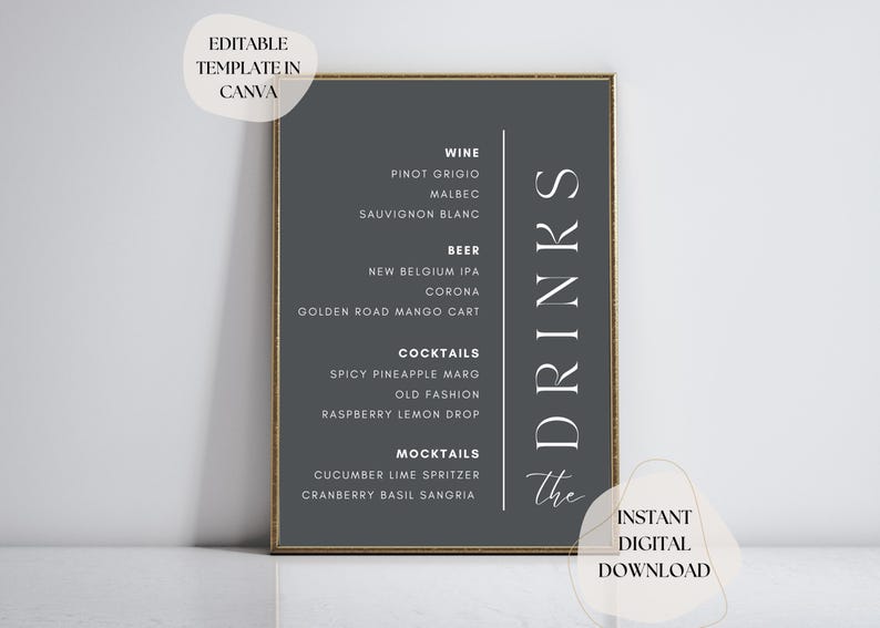 Editable Digital Bar Menu Template | Modern Grey Drink Menu | Wedding ...