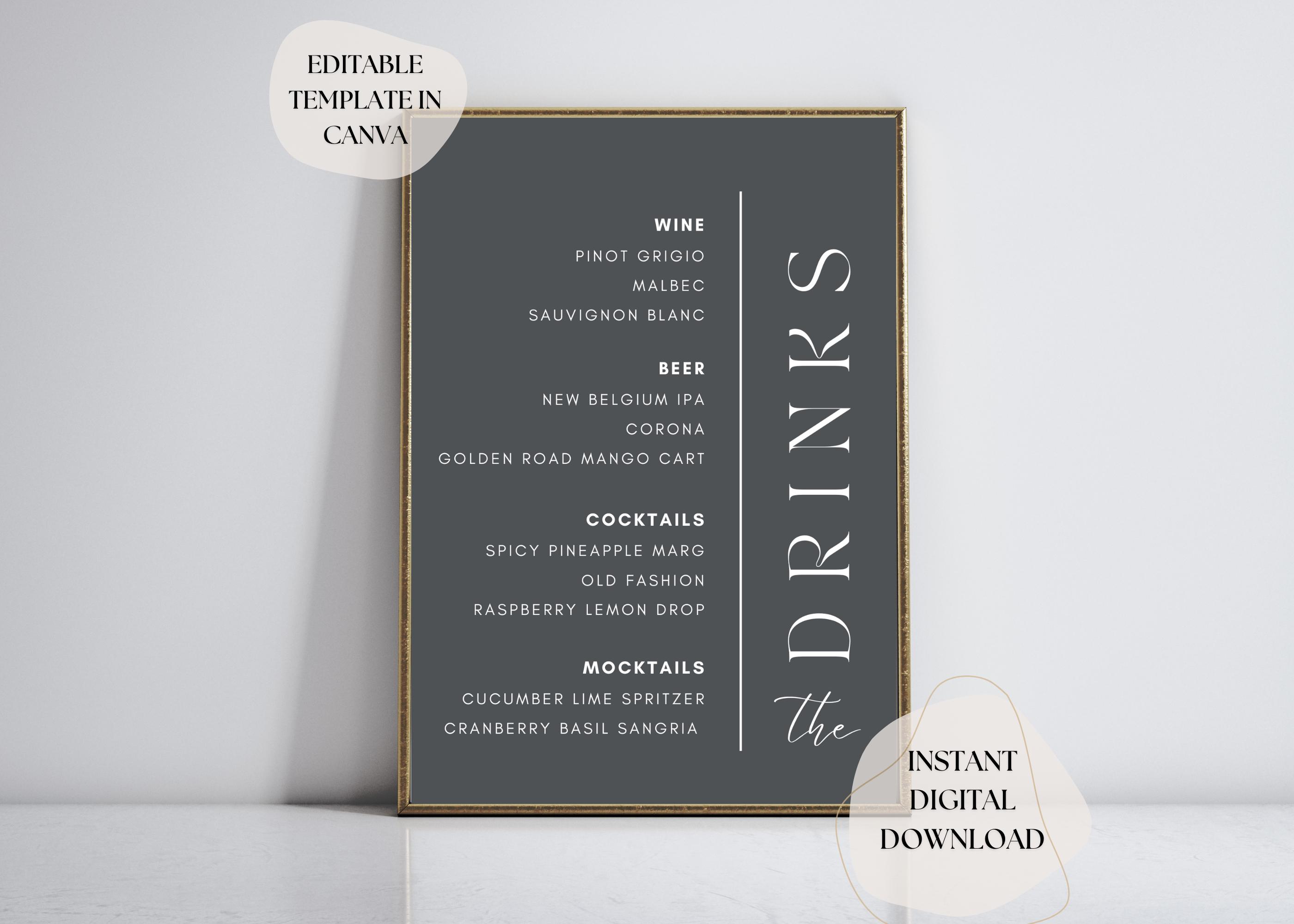 Editable Digital Bar Menu Template | Modern Grey Drink Menu | Wedding ...