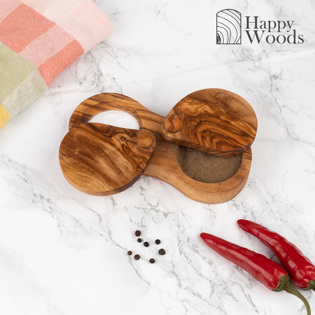 Salt & Pepper Cellar With Pivoting Lids Made of Olive Wood - Etsy