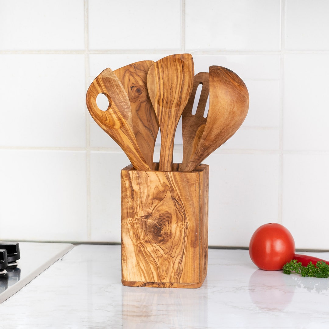 Set of 5 Utensils With Utensil Holder Made of Olive Wood | Kitchen ...