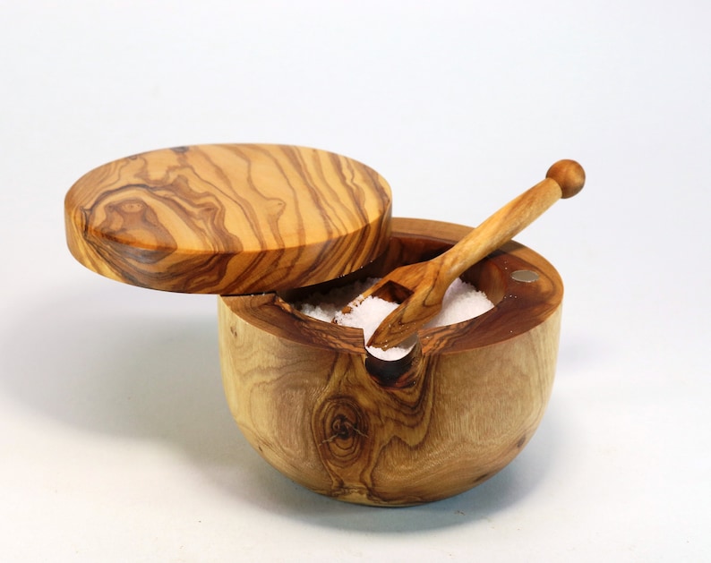 Olive Wood Salt Cellar With Lid and Spoon Salt Pig/spice - Etsy