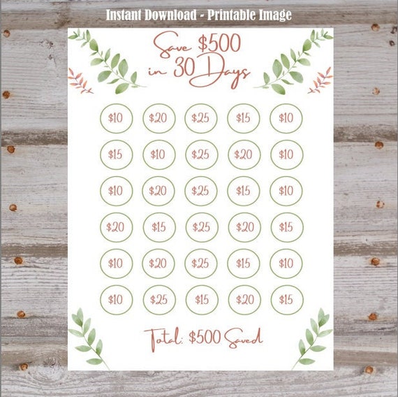 Save 500 Dollars in 30 Days Challenge Tracker Money Savings - Etsy
