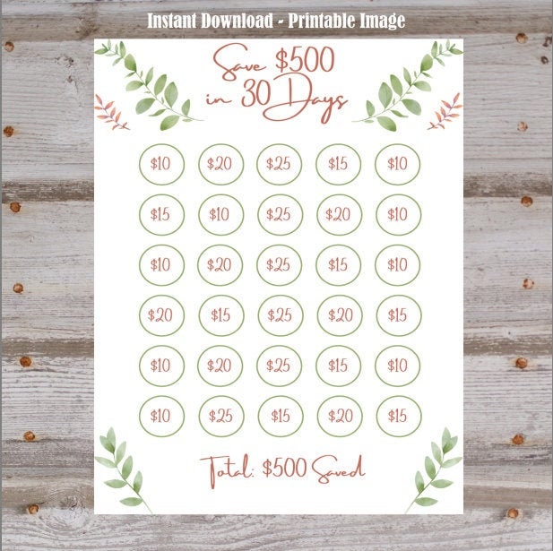 Save 500 Dollars in 30 Days Challenge Tracker | Money Savings Challenge ...