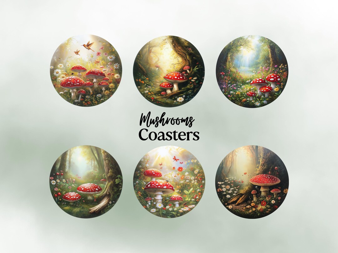Mushroom Coasters Set: Whimsical Forest Design, Customizable Ceramic ...