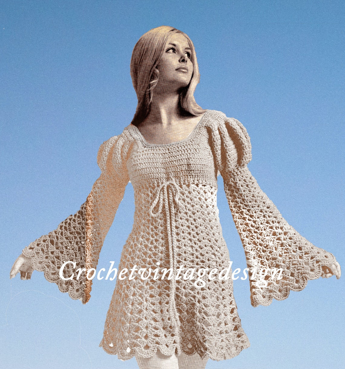 Angel Crochet Dress, 1970's Empire Style Dress, Vintage Pattern, Bell ...