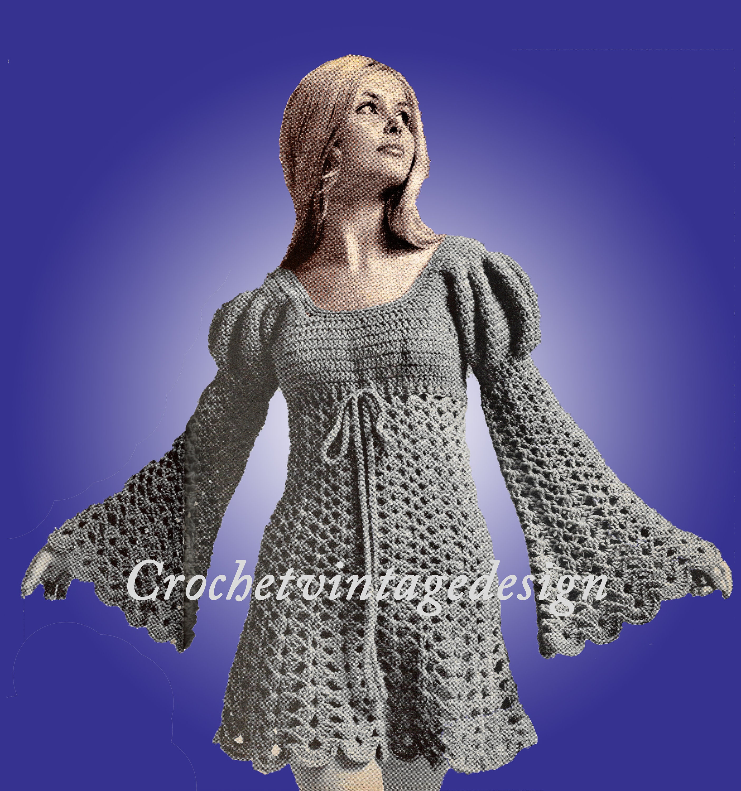 Angel Crochet Dress, 1970's Empire Style Dress, Vintage Pattern, Bell ...