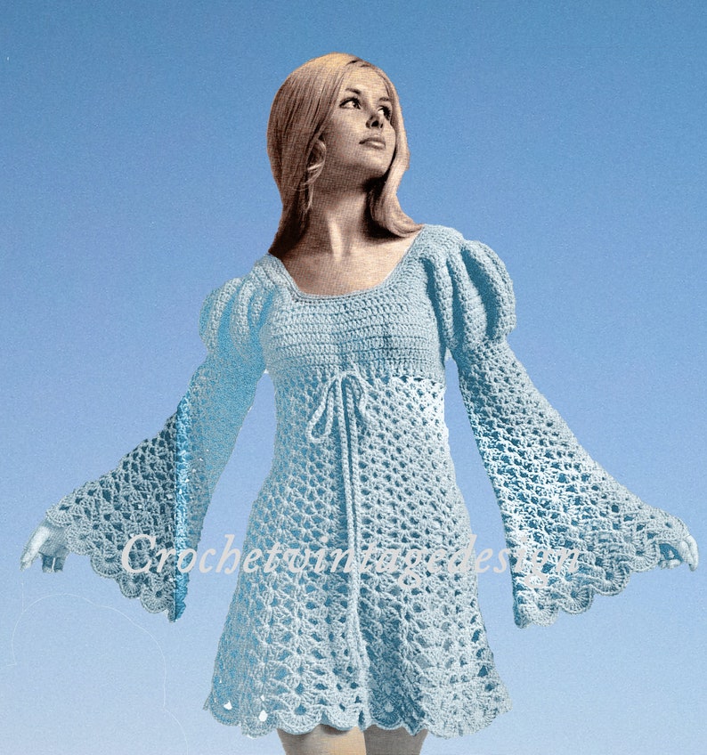 Angel Crochet Dress, 1970's Empire Style Dress, Vintage Pattern, Bell ...