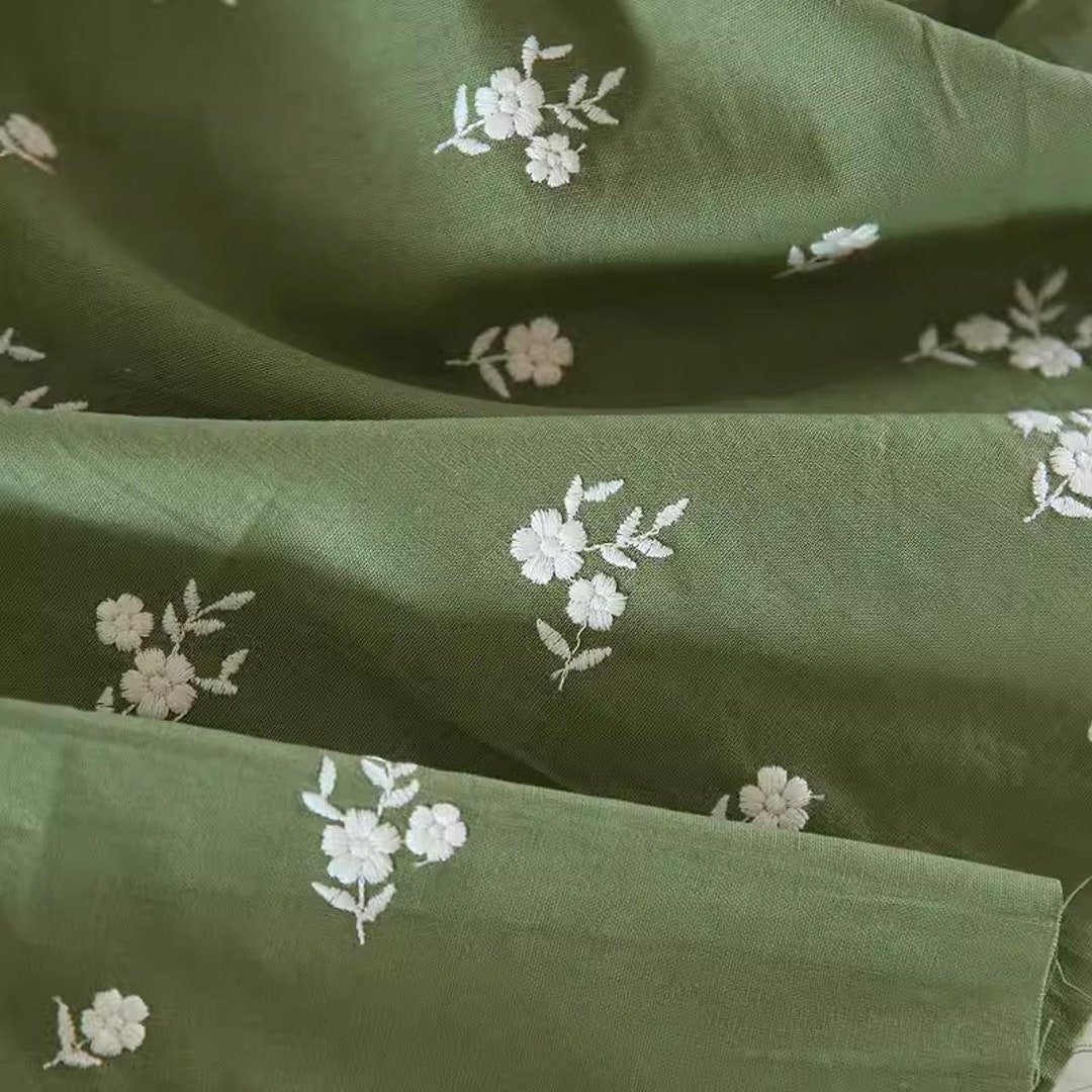 Green Floral Cotton Linen Fabric, Embroidered Fabric, Flower Linen ...