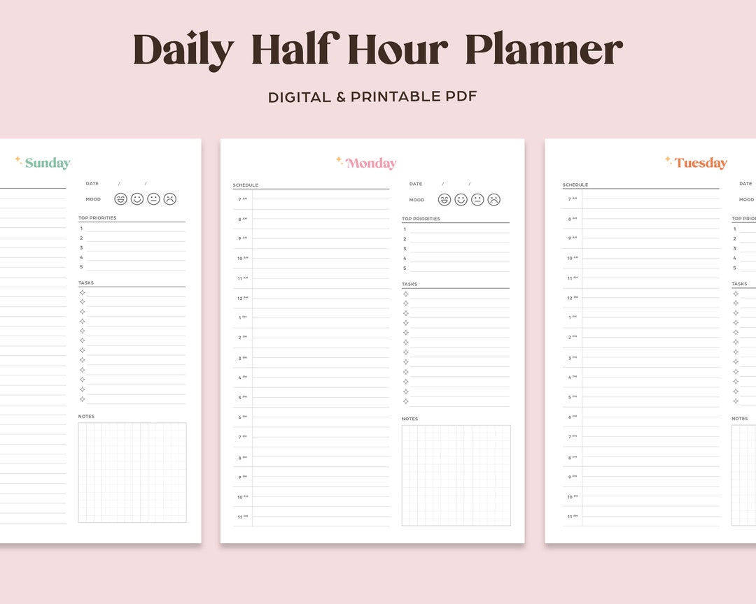 7 Days of Daily Half-hour Schedule Planner - Etsy