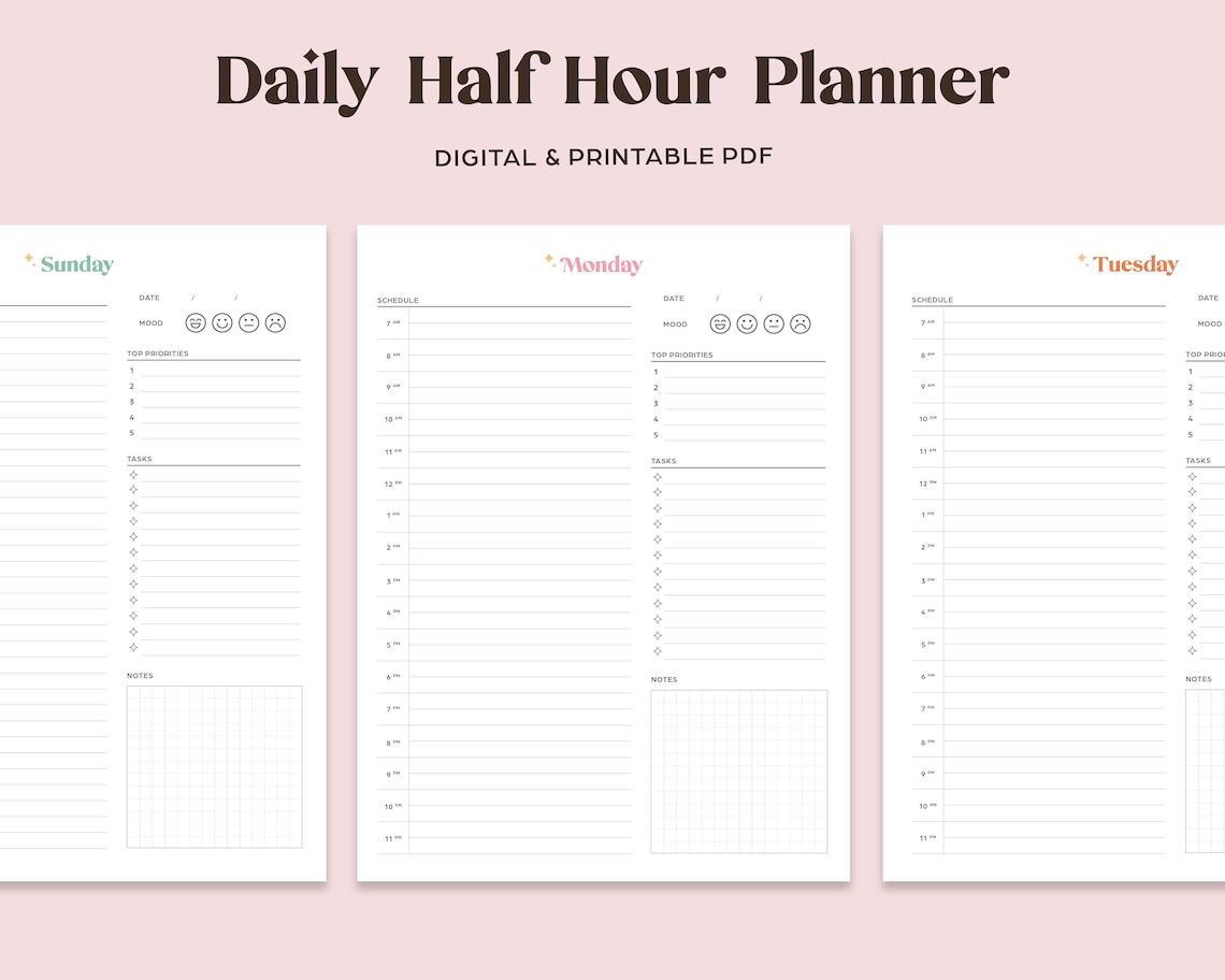 7 Days of Daily Half-hour Schedule Planner - Etsy
