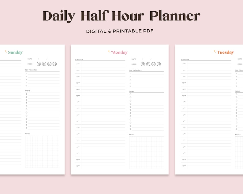 7 Days of Daily Half-hour Schedule Planner - Etsy