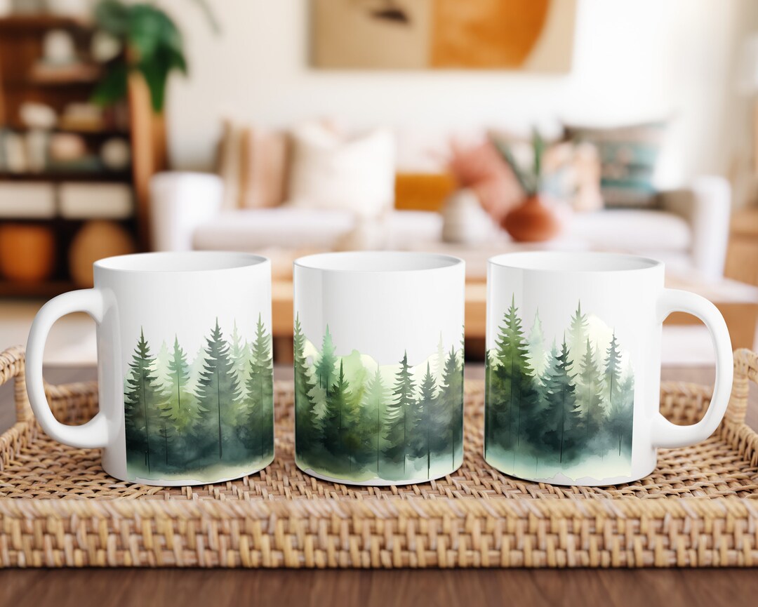 Green Watercolor Forest Mug, Moody Woods Mug - Etsy