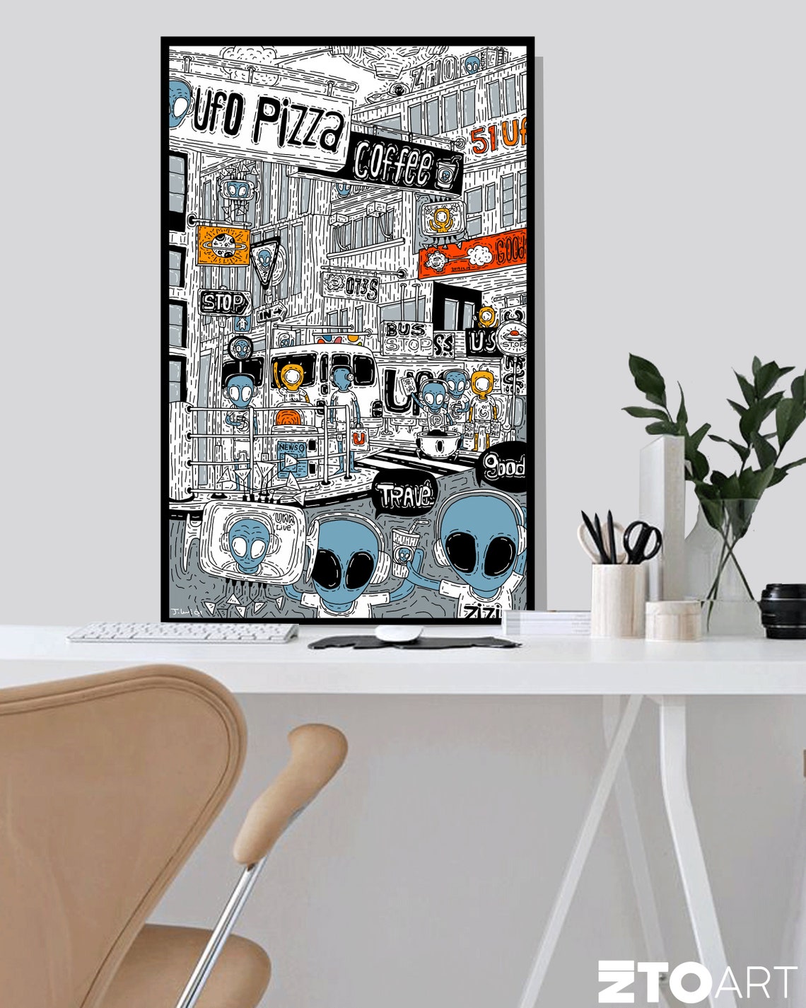 Alien Art Print Digital Download Alien Decor UFO Decor | Etsy