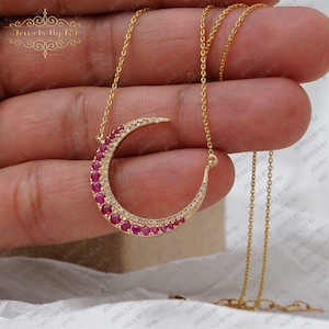 14K Solid Gold Diamond & Ruby and Emerald Crescent Moon Necklace, Blue ...
