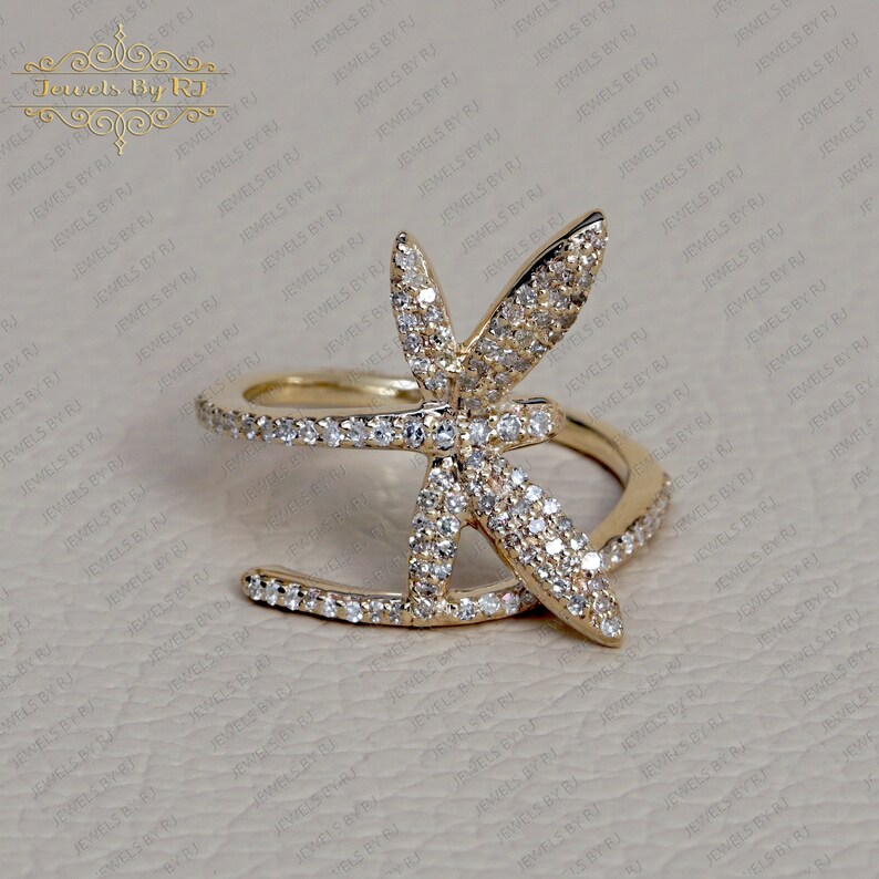 14k Solid Yellow Gold Diamond Dragonfly Ring, Gold Diamond Ring, Women ...
