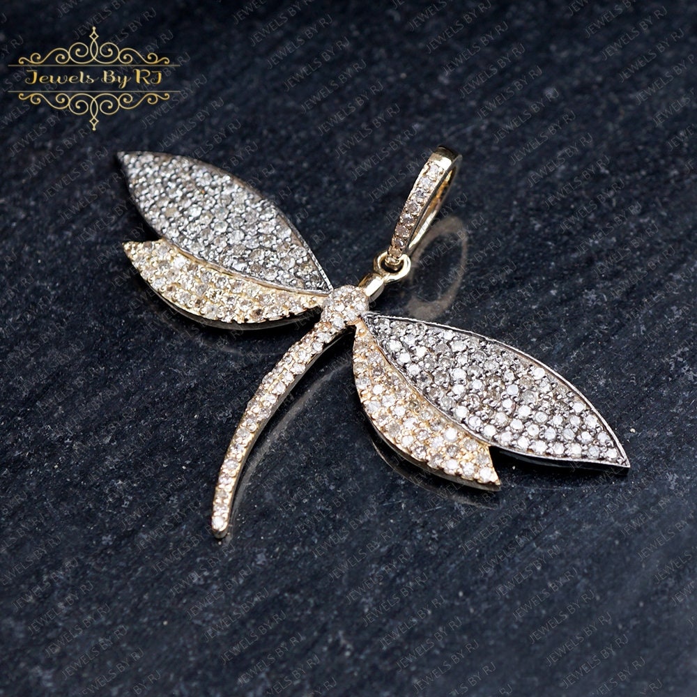 14K Gold & Silver Pave Diamond Dragonfly Pendant, Pave Diamond ...