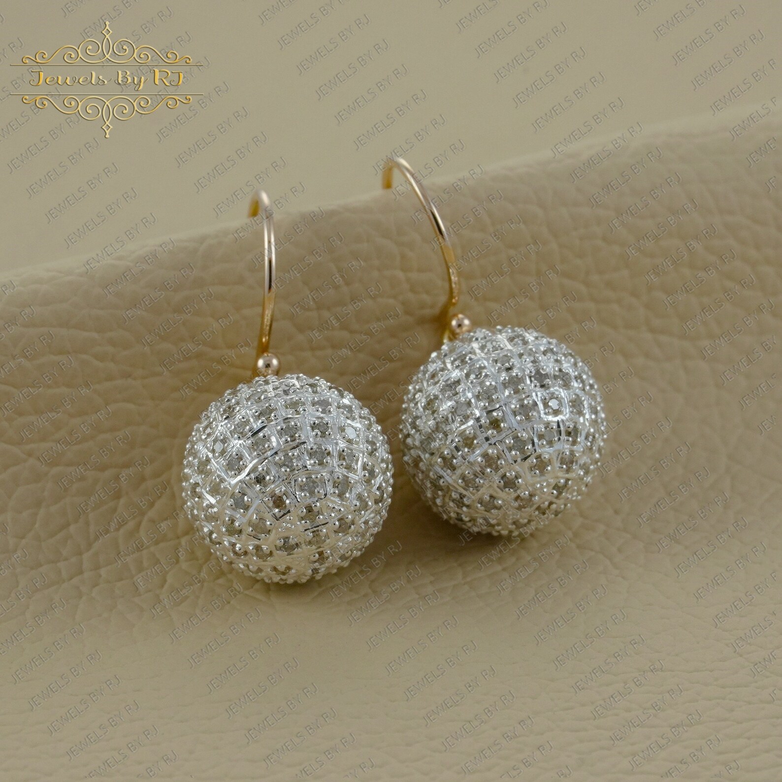 Pave Diamond Dangle Ball Earrings, 14K Gold & 925 Silver Dangle Ball ...