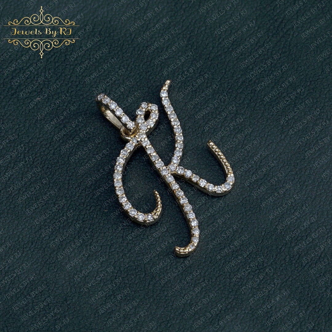 14K Solid Gold Diamond K Initial Pendant, White Diamond Initial Pendant ...