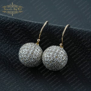 Pave Diamond Dangle Ball Earrings, 14K Gold & 925 Silver Dangle Ball ...