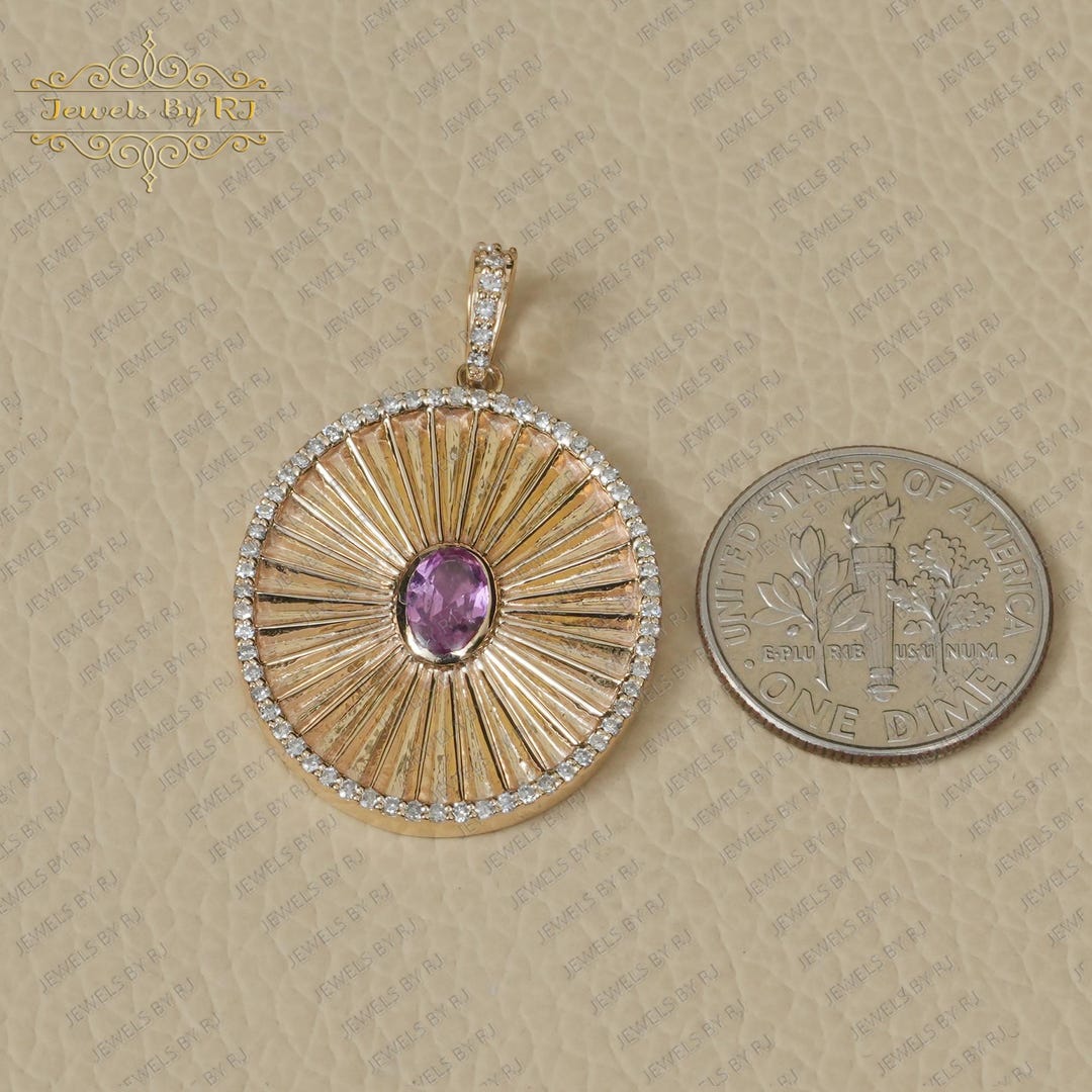 14K Solid Gold Round Sapphire & Diamond Pendant, White Diamond Round ...