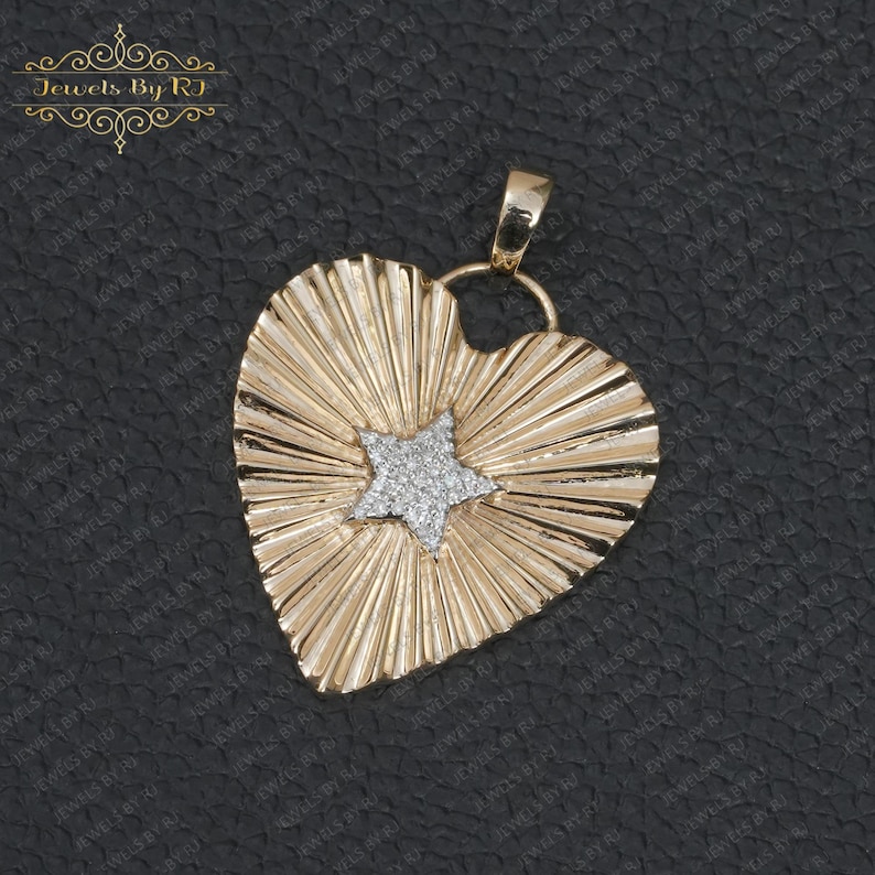 14K Solid Gold Radiant Heart Pendant With Diamond Star | Sunburst Heart ...
